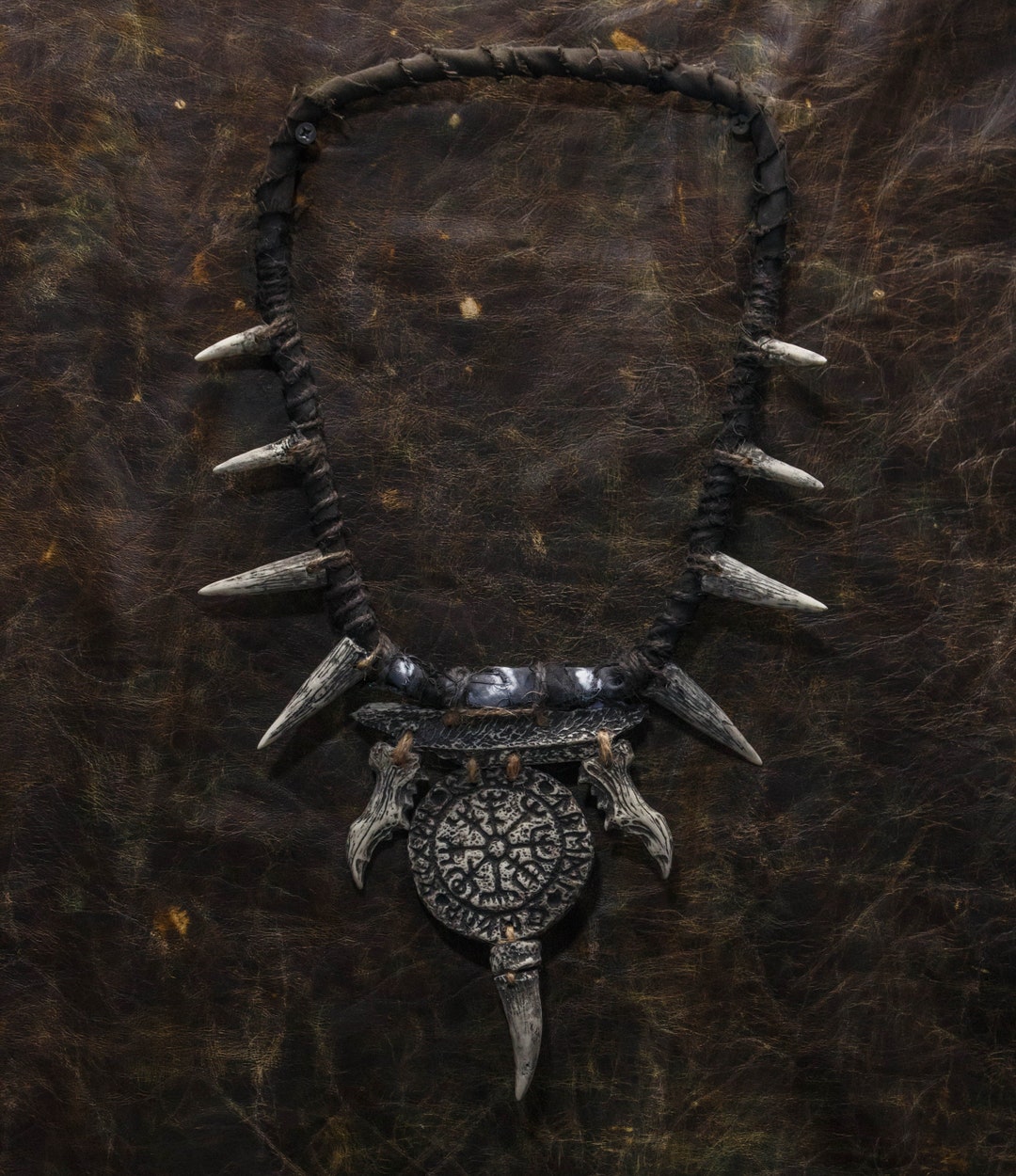 Barbarian Leather Necklace With Fangs | Round Ornament Jewelry | Horror ...