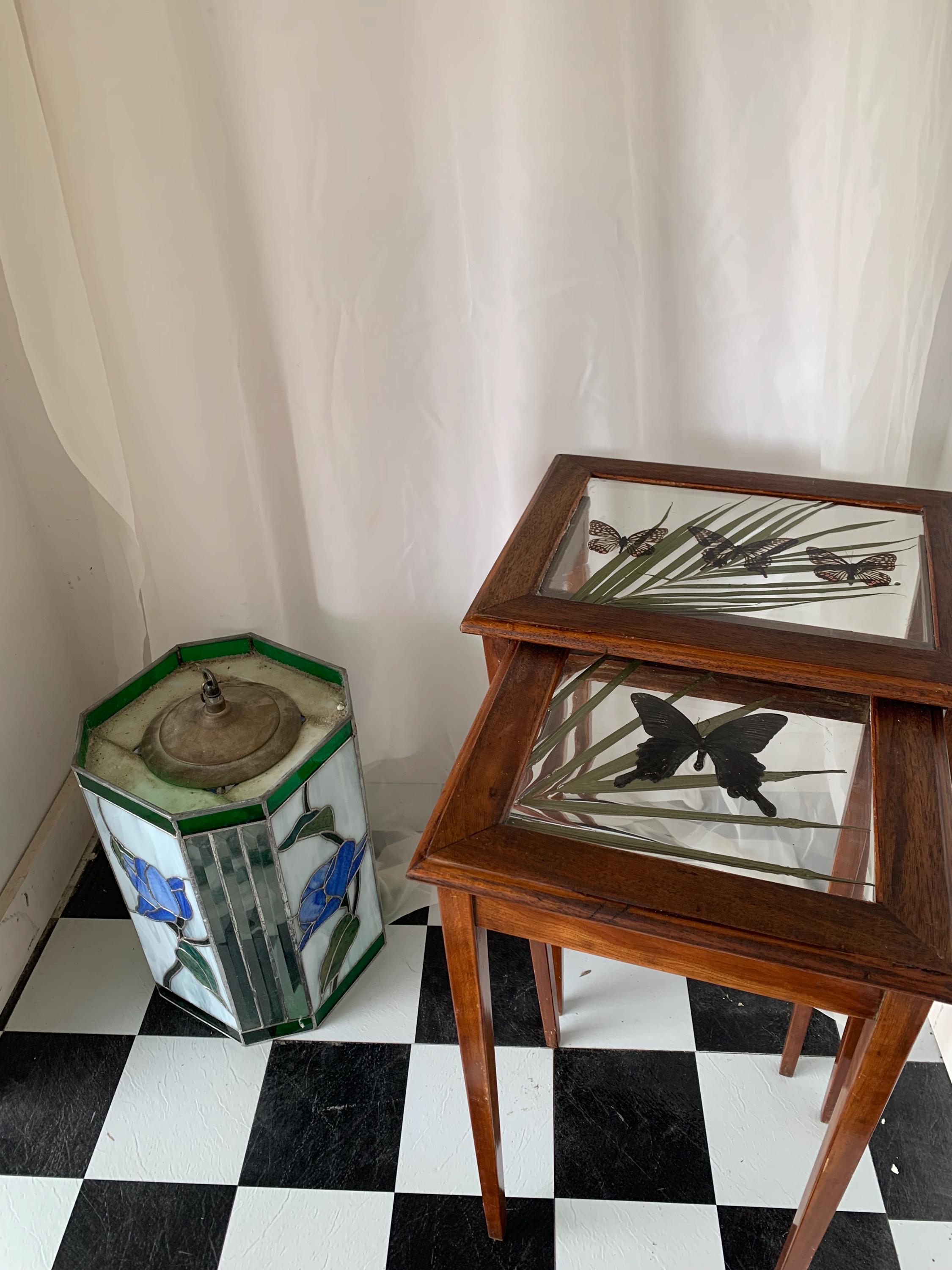 VINTAGE NESTING TABLES- Real Butterflies and Palm Leaves- Repurposed ...