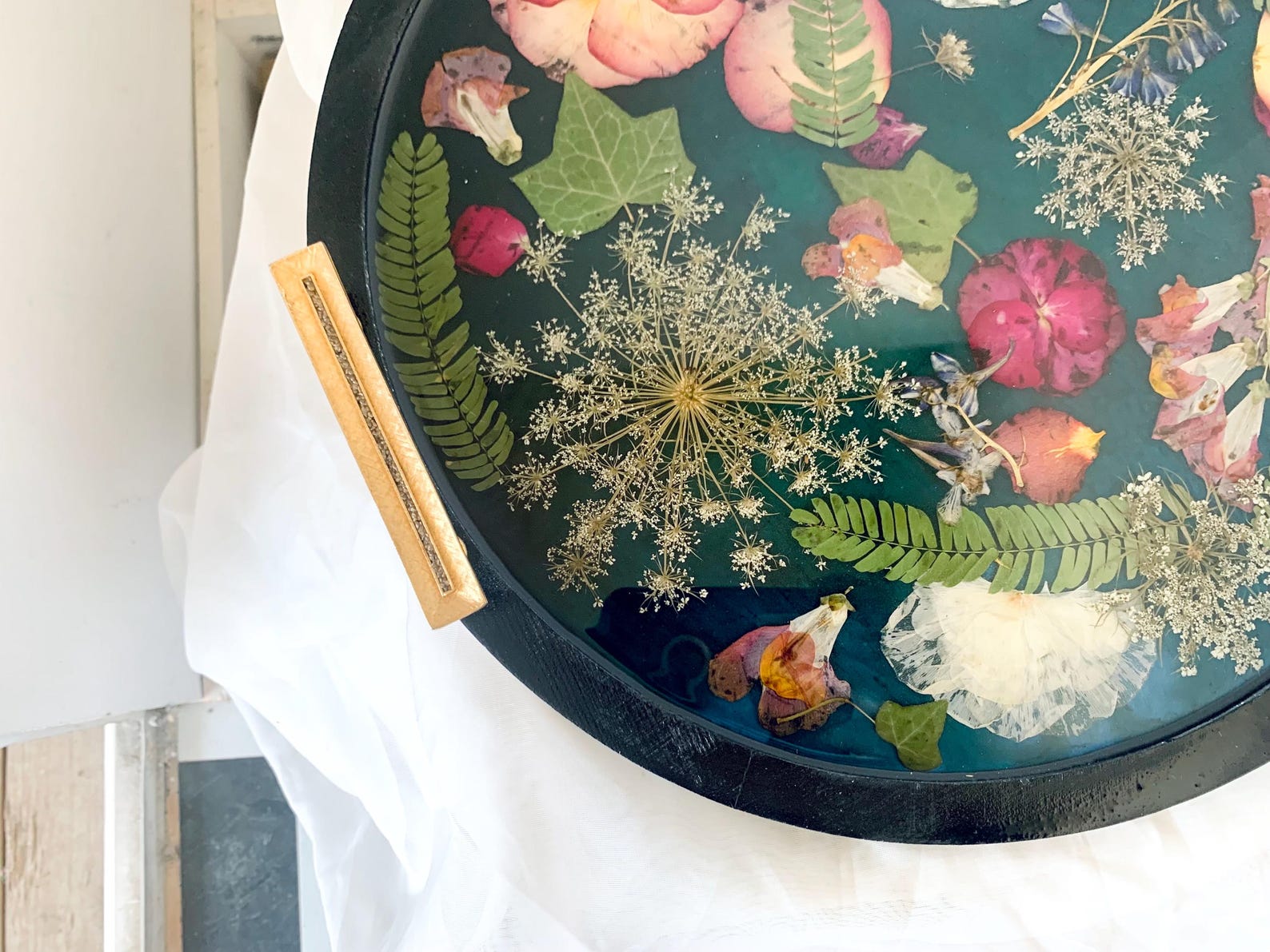 FLOATING FLOWERS TRAY- One of a Kind Round Art Tray With Gold Handles ...
