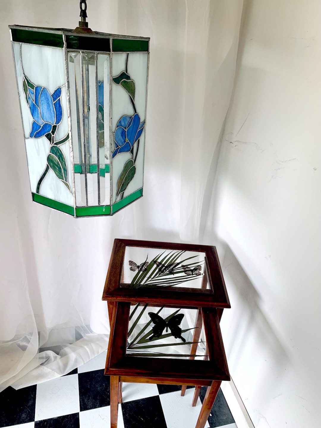 VINTAGE NESTING TABLES- Real Butterflies and Palm Leaves- Repurposed ...