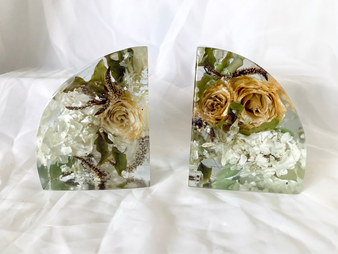 CUSTOM BOOK ENDS- Preserved Bouquet Resin Art- Preserved Flower ...