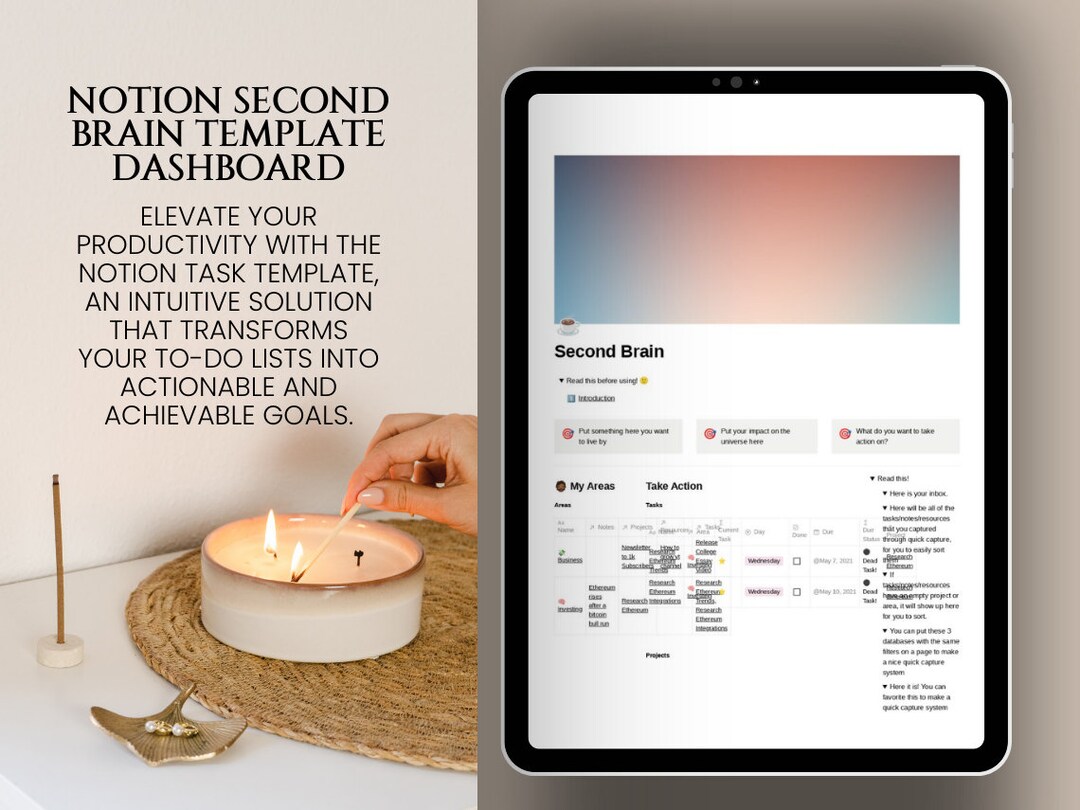 Notion Second Brain Template Dashboard Notion Planner Minimal Template 2024 Notion Task Template ...