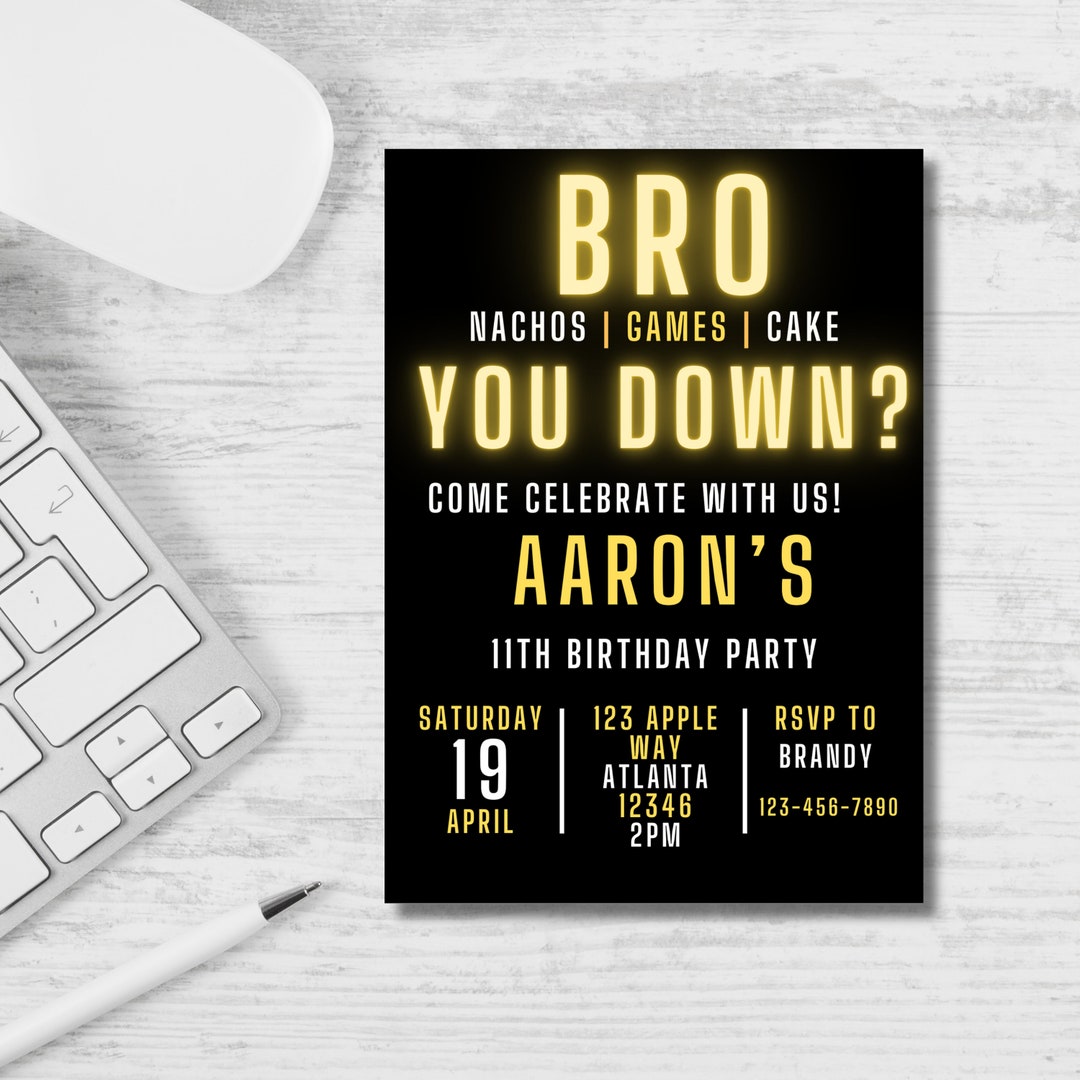 Bro Birthday Invitation,neon Birthday Invitation, Pizza Party Invite ...