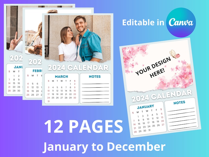 2024 Fully Editable Calendar, Canva Template, Frame Bundle, Instant ...