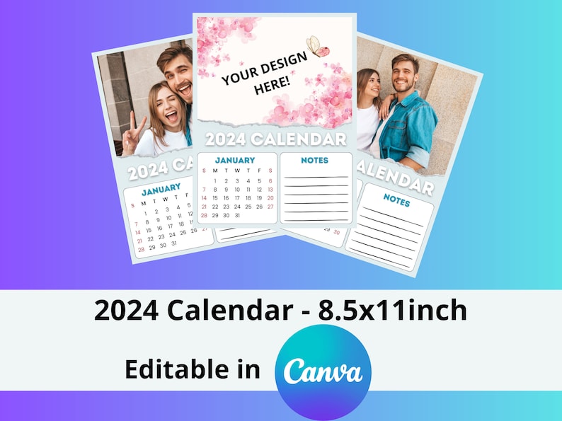 2024 Fully Editable Calendar, Canva Template, Frame Bundle, Instant ...