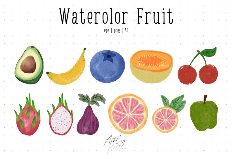 Watercolor Fruit With & Without Kawaii Faces Clipart Pack, Food Clipart ...