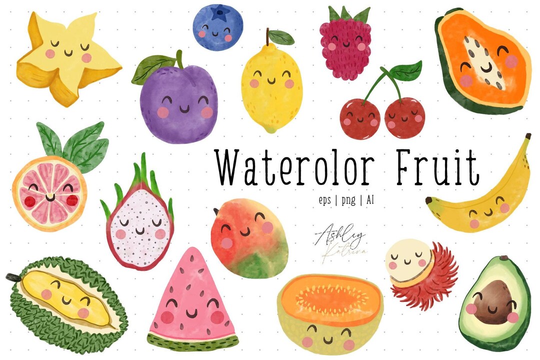 Watercolor Fruit With & Without Kawaii Faces Clipart Pack, Food Clipart ...