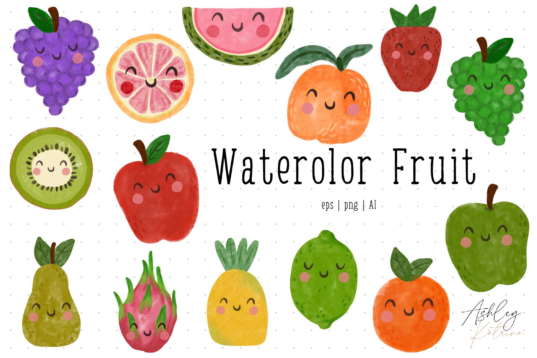 Watercolor Fruit With & Without Kawaii Faces Clipart Pack, Food Clipart ...
