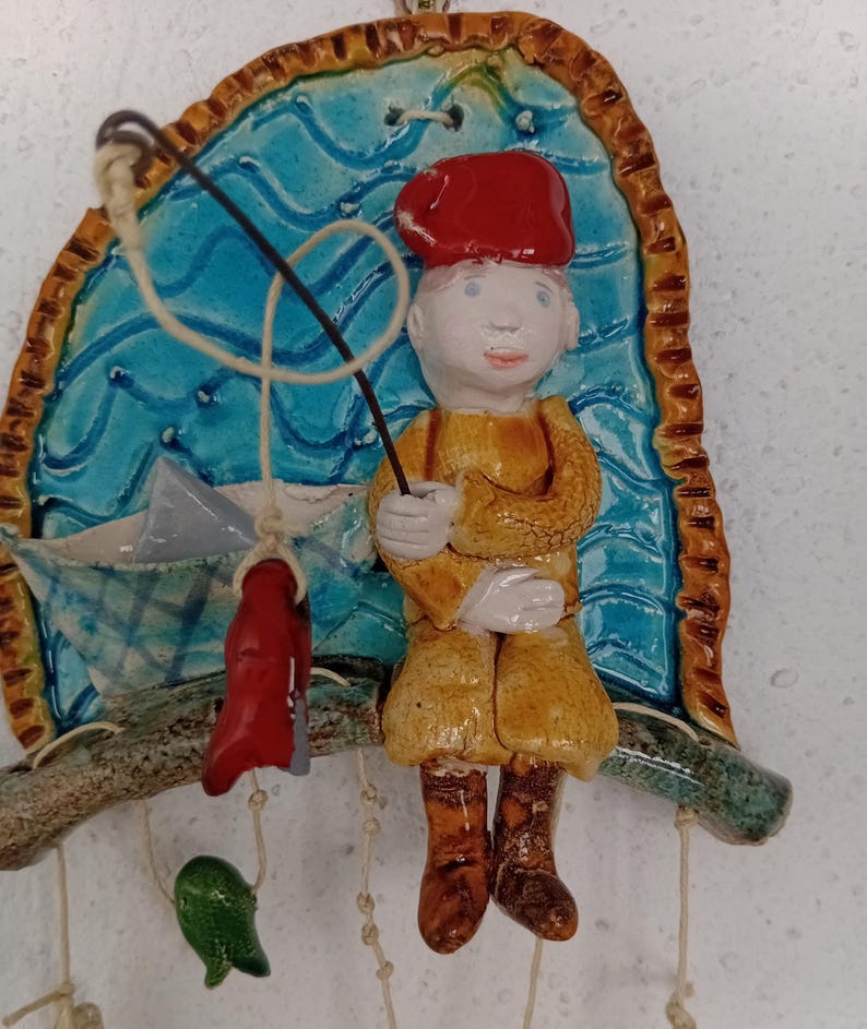 FISHING BOY - and Paper Boat - Handmade Ceramic Wall Art - OOAK - Etsy