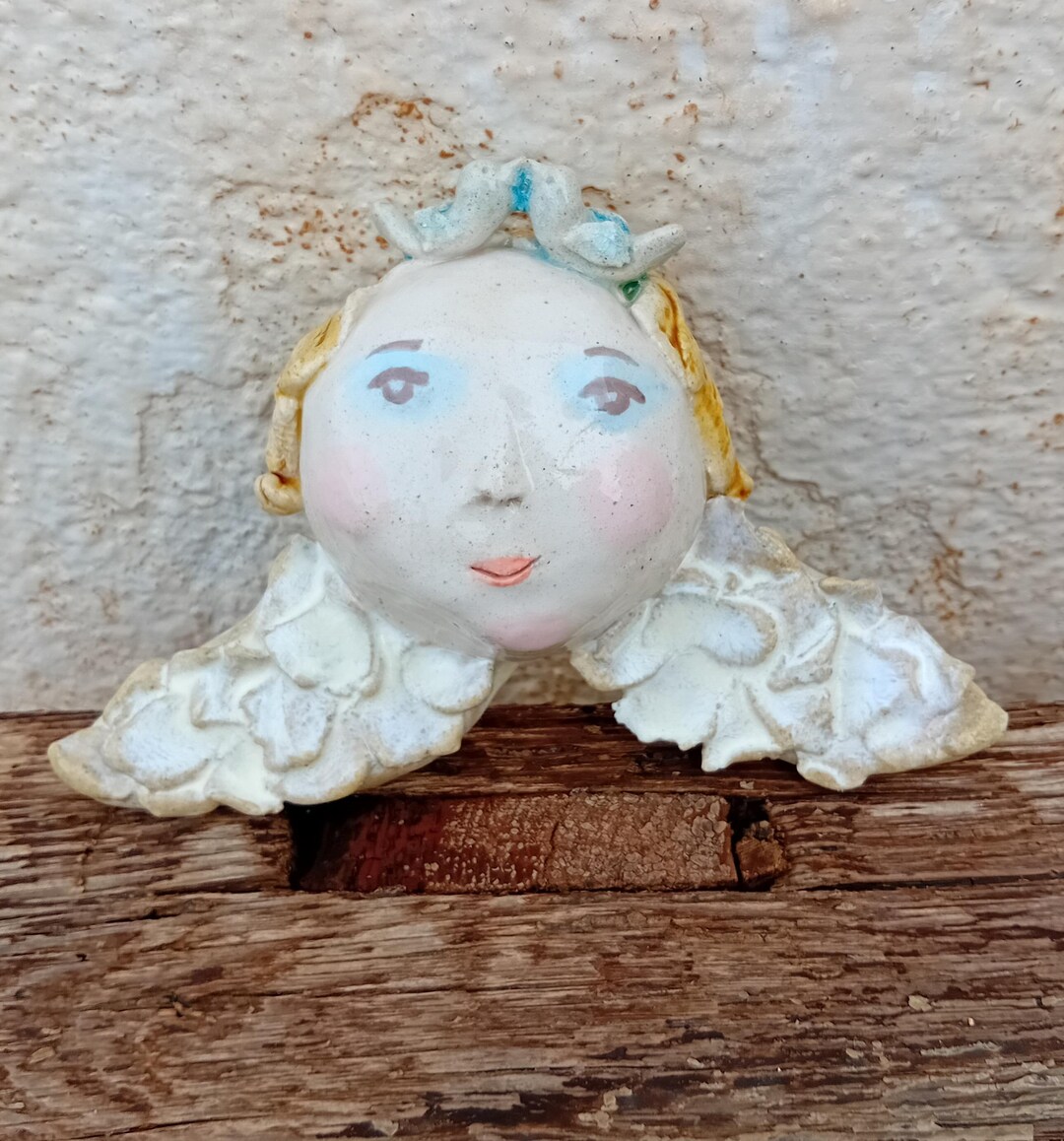 Ceramic Angel Head With Wings & Blue Love Birds – Handmade Angel ...