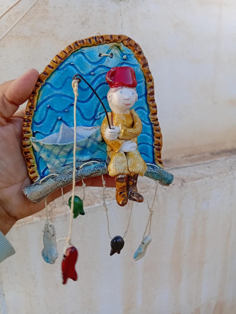 FISHING BOY - and Paper Boat - Handmade Ceramic Wall Art - OOAK - Etsy