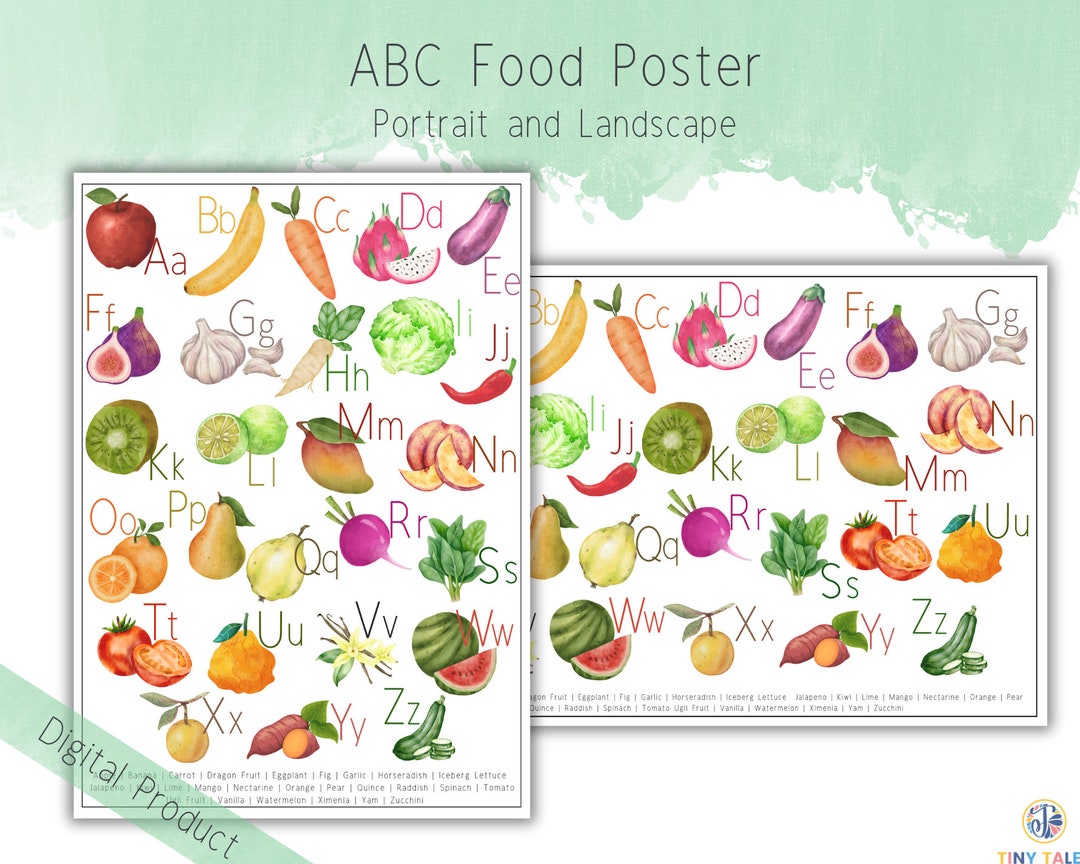 Food Illustrated Alphabet Poster Educational Food Alphabet Wall Art ...