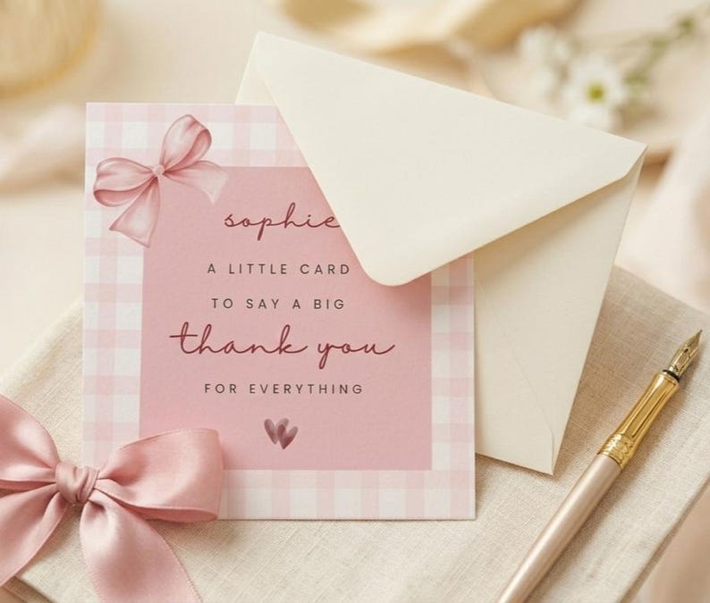 Personalized Thank You Card: Custom Name Design, Pink Bow (digital ...