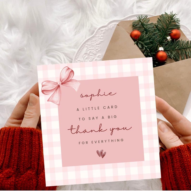 Personalized Thank You Card: Custom Name Design, Pink Bow (digital ...