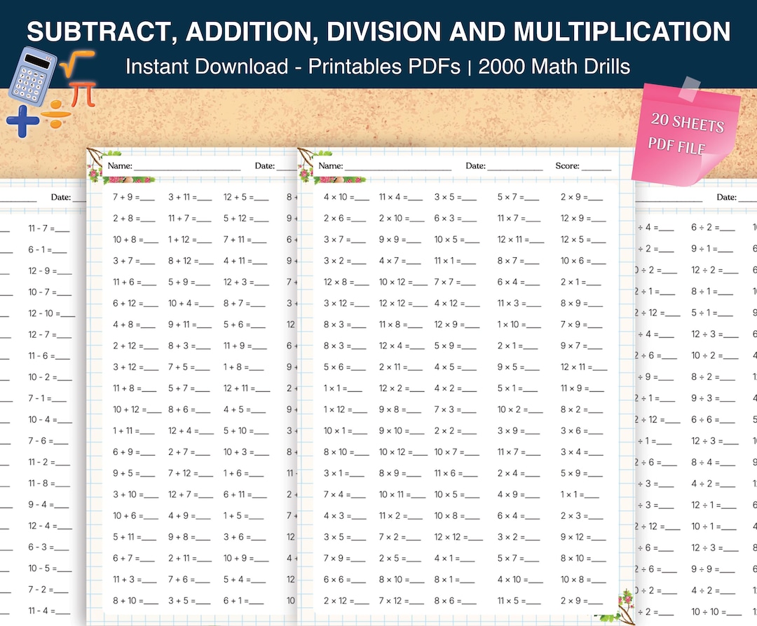 20 Page Math Worksheets | Addition Subtraction Multiplication Division ...