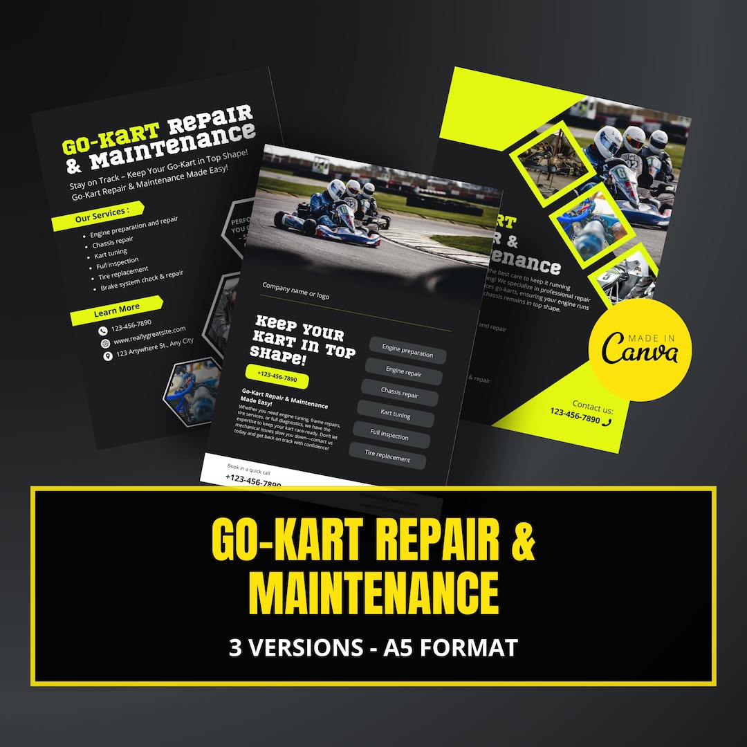 Go-kart Repair and Maintenance Flyer Template, A5 Size, 3 Different ...