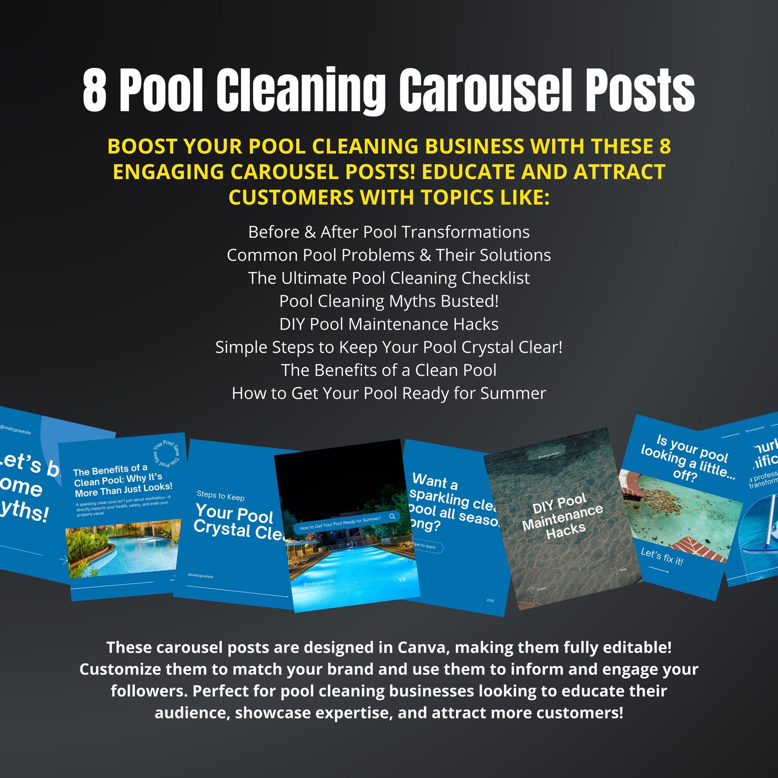 Pool Cleaning Carousel Posts, Pool Cleaning Canva Template, Pool ...