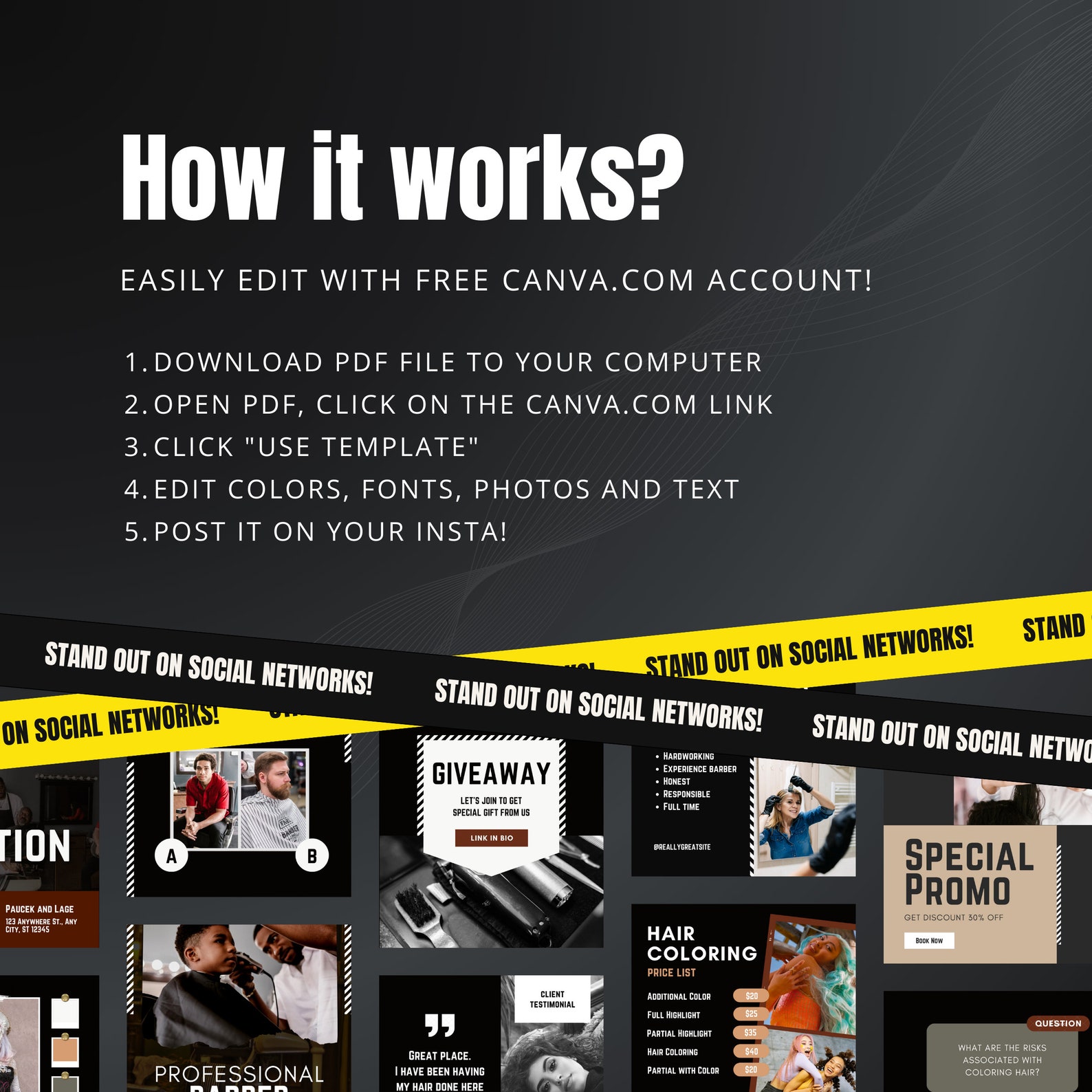 Barber Shop Instagram Posts, Editable Canva Template for Barber Shop ...