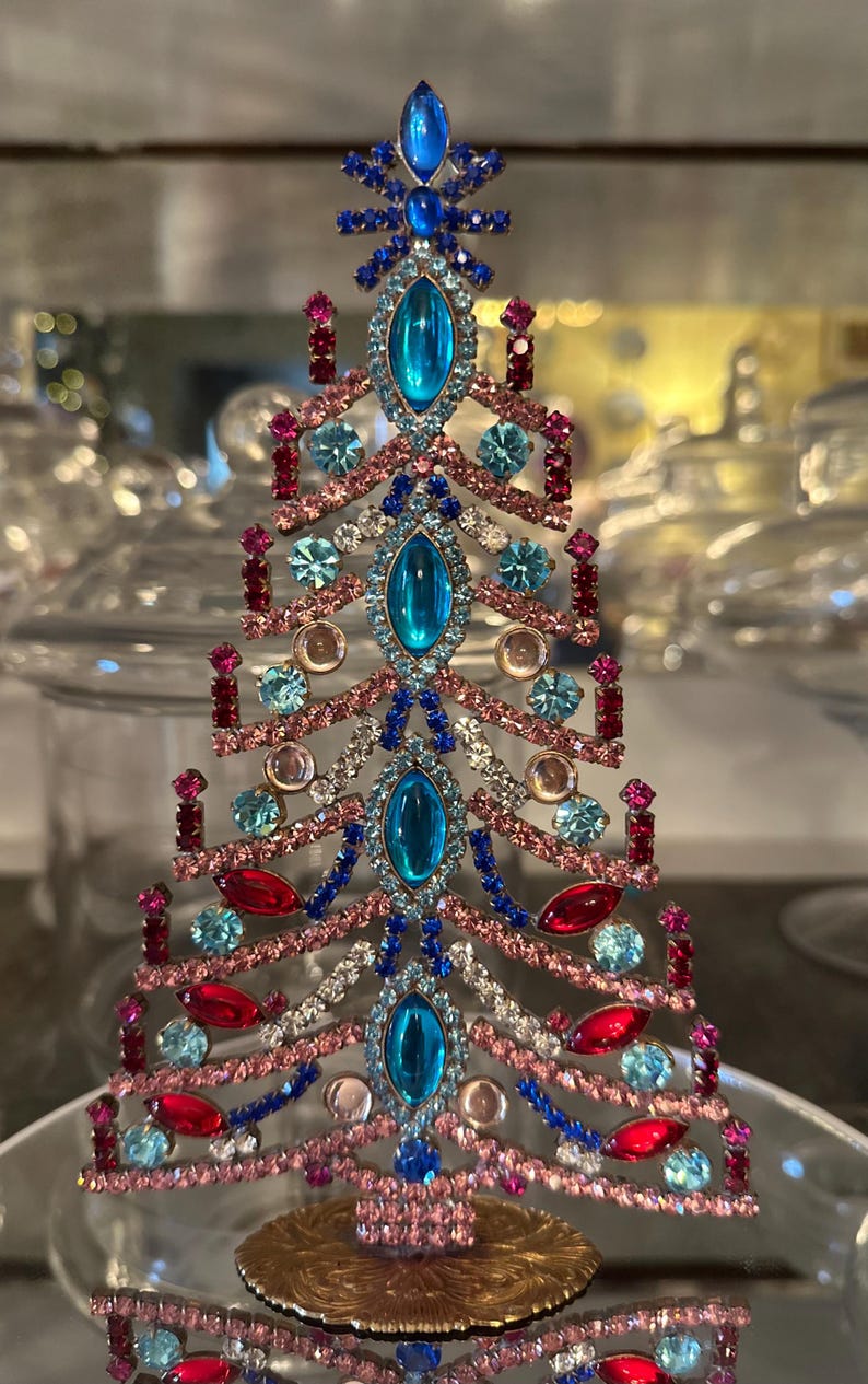 Teal and Red 8” Czech Rhinestone Tree, Vintage Czech Christmas Tree ...