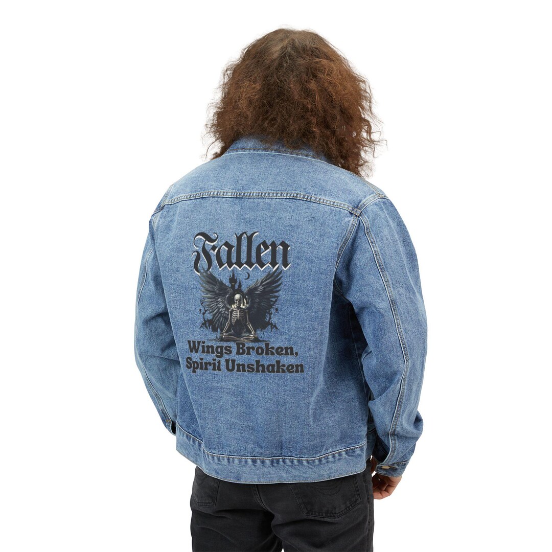 Fallen Angel Denim Jacket, Spirit Unshaken Graphic, Concert Biker Style ...