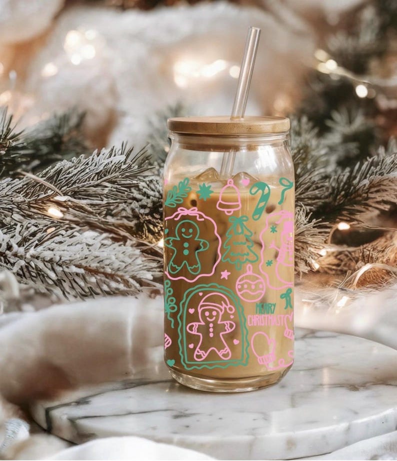 Festive Christmas Iced Coffee Glass Cup, Bamboo Lid & Straw (16oz) - Etsy