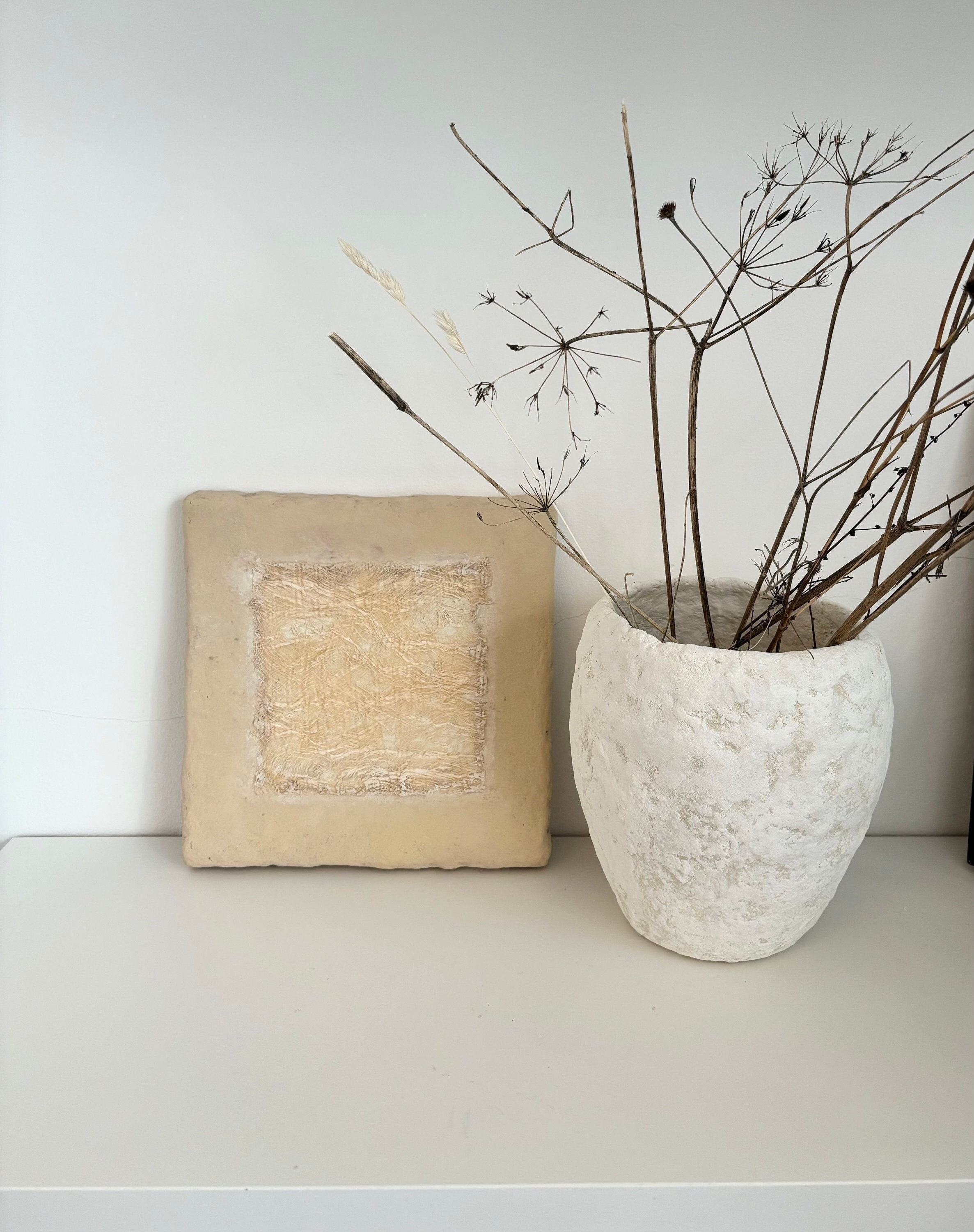 Square Canvas Paper Clay Mixed Media Wall Art, Japandi Minimalist Clay ...