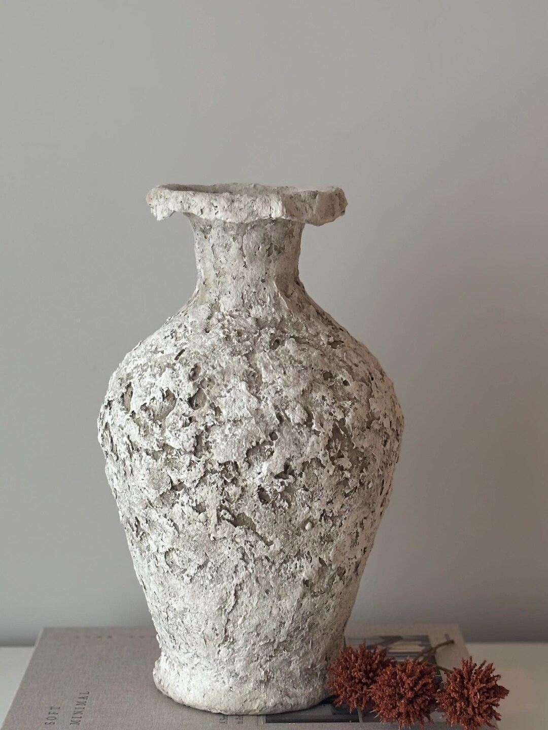 Grey Textured Vessel - Aged Wabi Sabi Paper Clay Vase - Rustic Antique ...