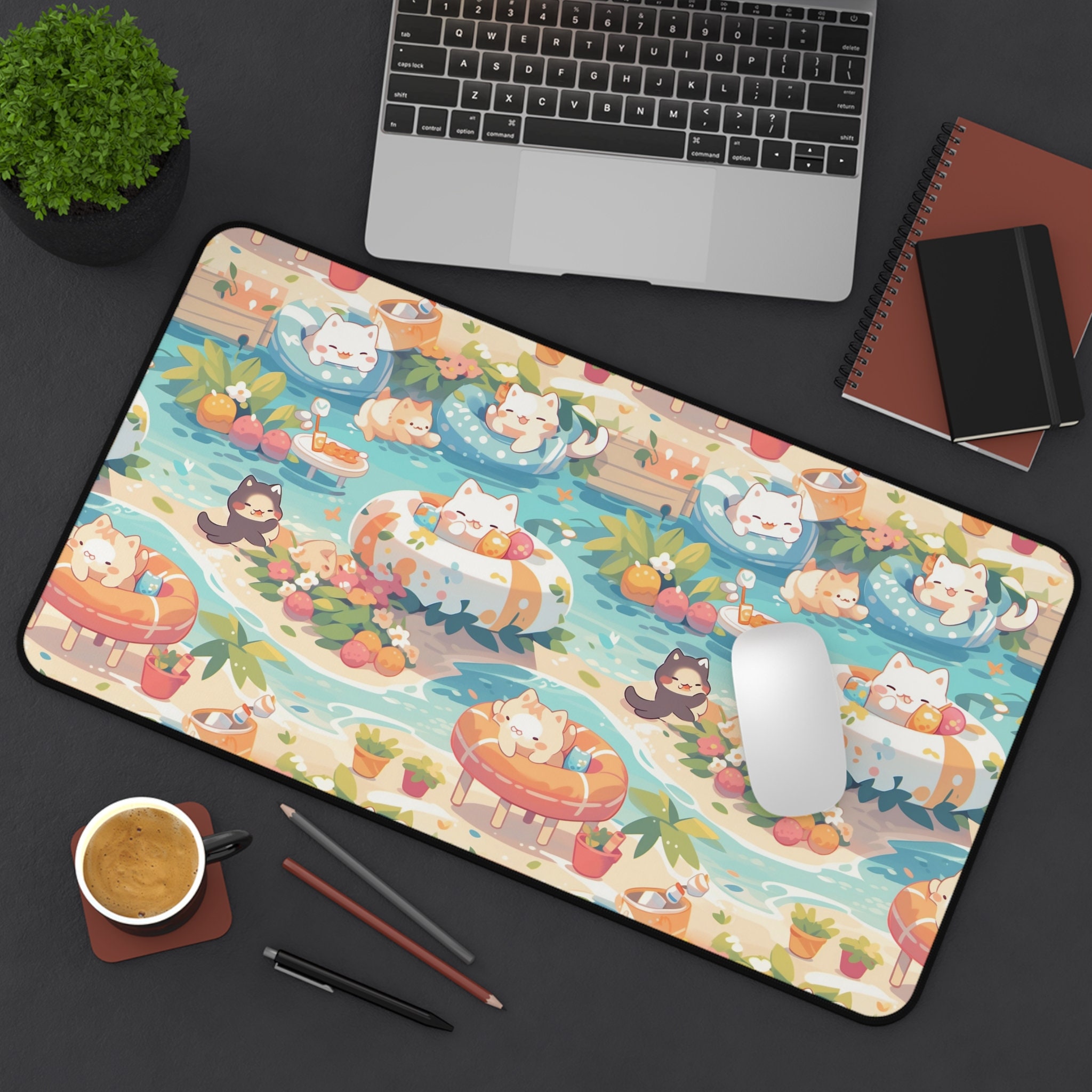 Cozy Kawaii Cat Deskmat, Beach Anime Deskmat,gamer Workspace,adorable ...