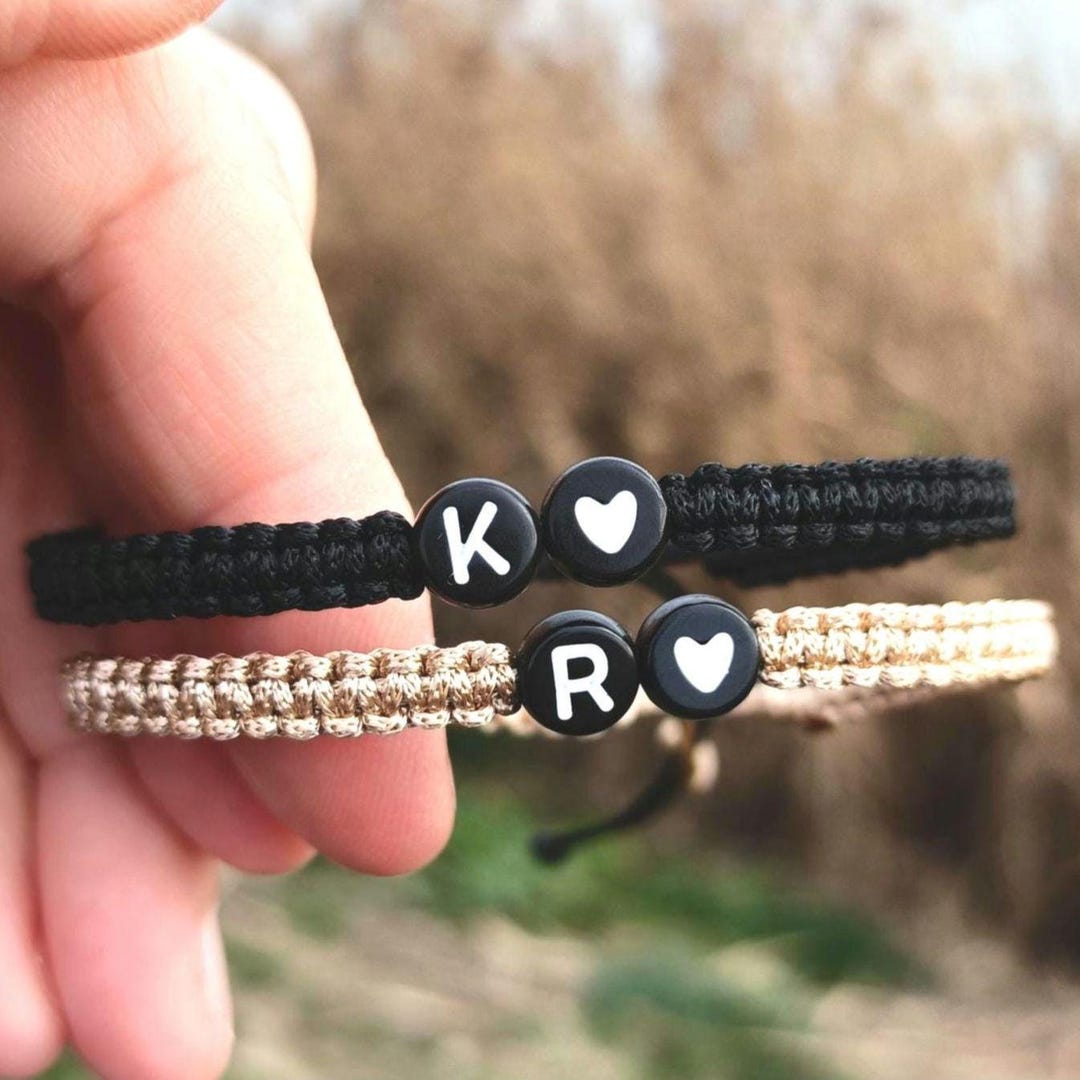 Couples Love Bracelets With Black Heart & Initial, Personalized ...