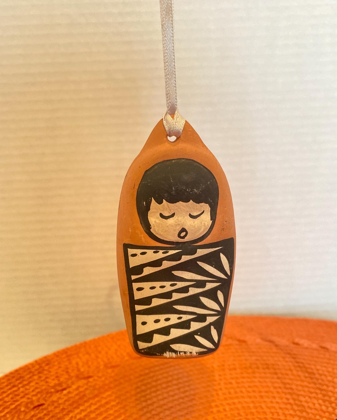 Vintage Flat Bell Shaped Painted Ceramic Clay Hanging Ornament, Signed ...