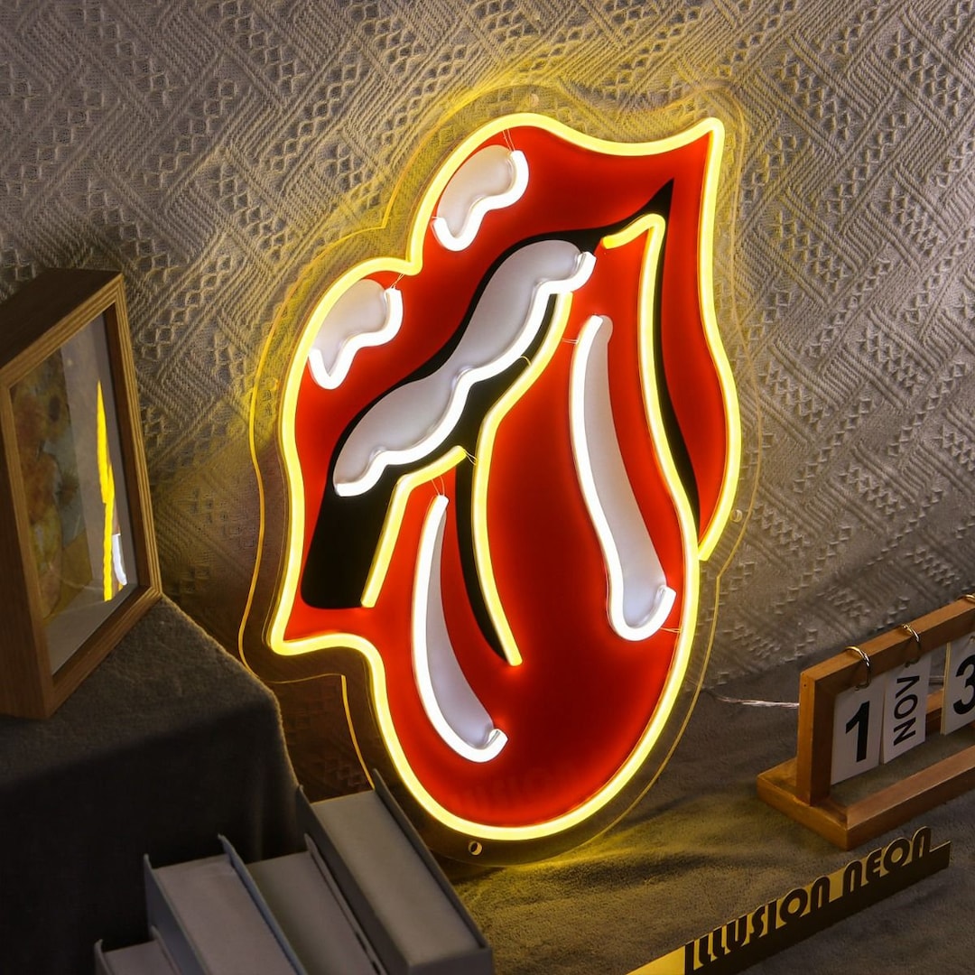 Rock & Roll Icon Neon Sign - Classic Red and White Lips With Tongue ...
