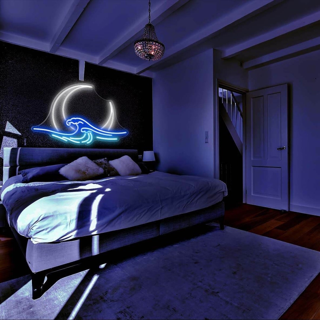 Crescent Moon and Wave Neon Sign, Serene Ocean Night Light, Coastal ...