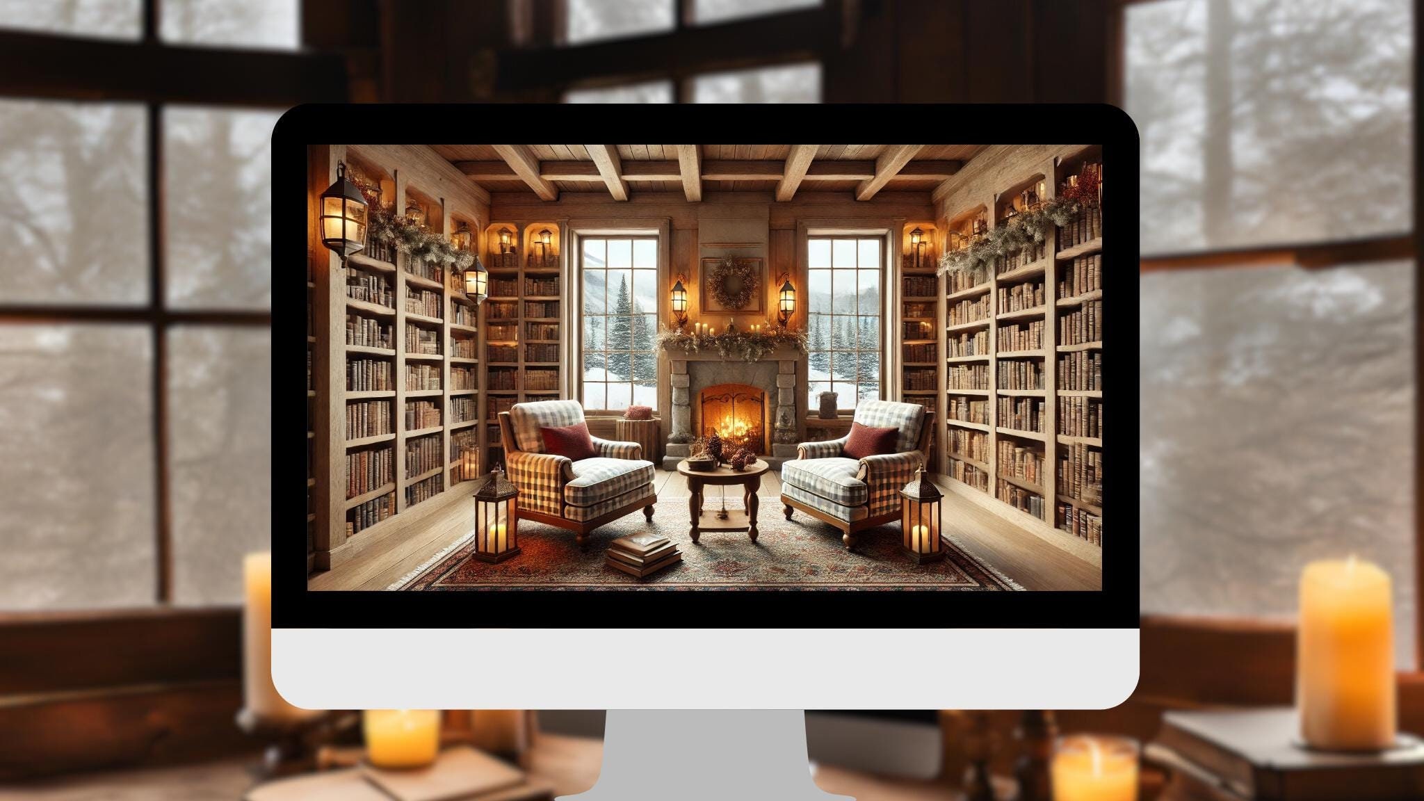 Winter Cozy Holiday Hygge Office W/ Bookshelf Teams Background Zoom ...