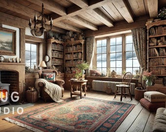 Winter Cozy Holiday Hygge Office W/ Bookshelf Teams Background Zoom ...