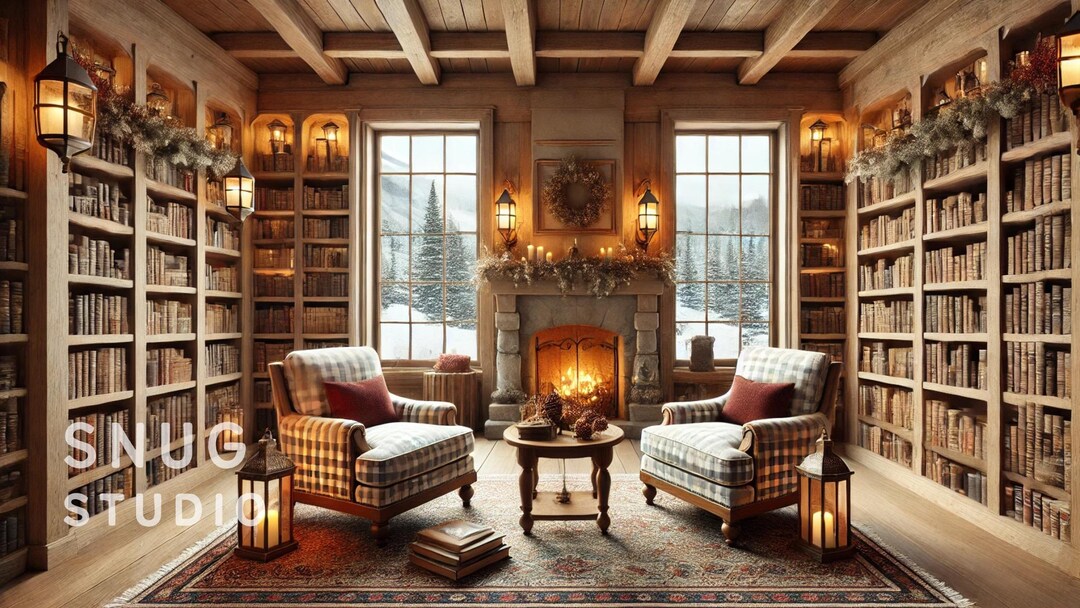 Winter Cozy Holiday Hygge Office W/ Bookshelf Teams Background Zoom ...
