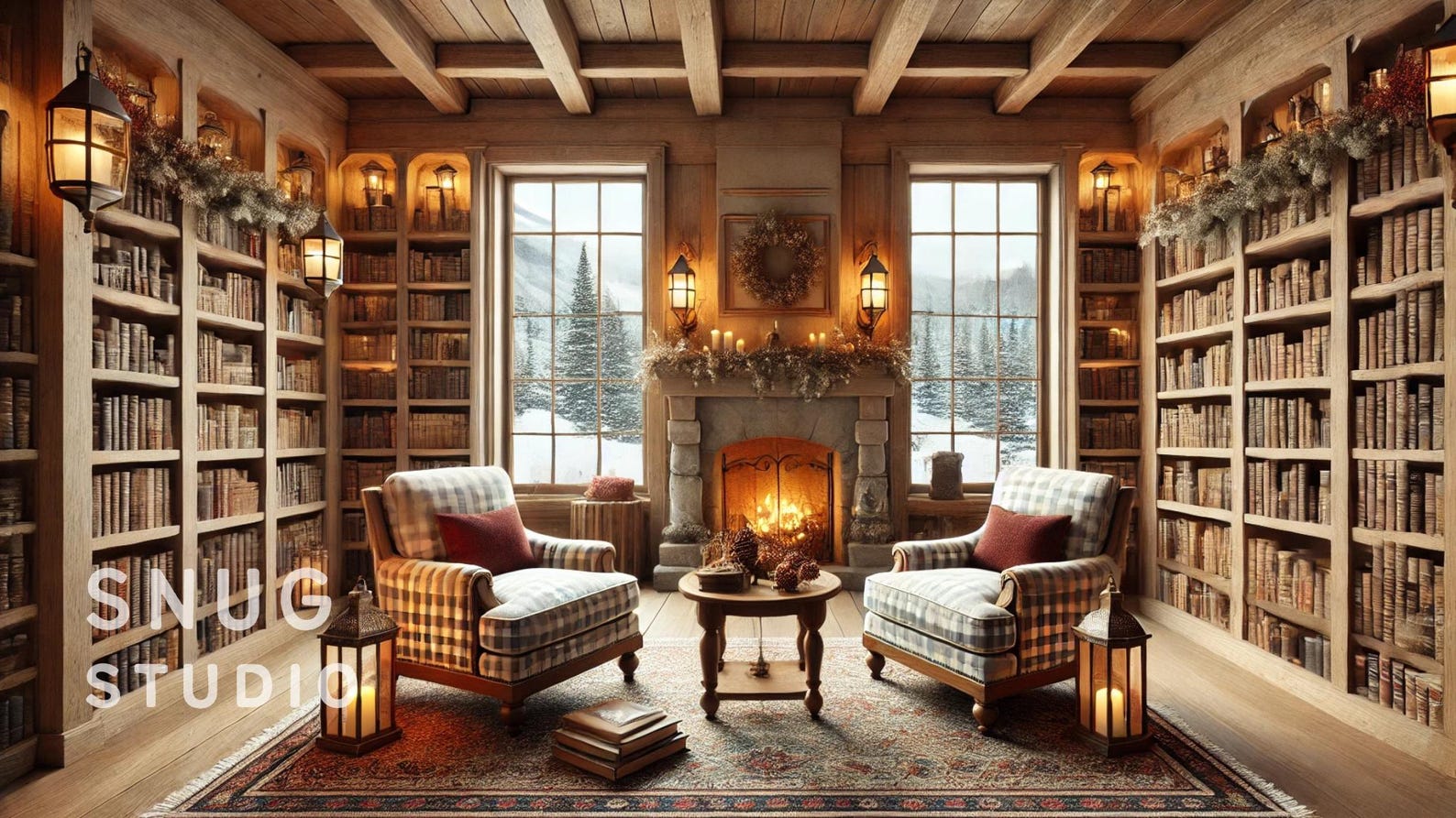 Winter Cozy Holiday Hygge Office W/ Bookshelf Teams Background Zoom ...