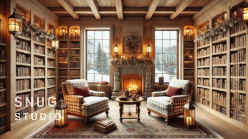 Winter Cozy Holiday Hygge Office W/ Bookshelf Teams Background Zoom ...