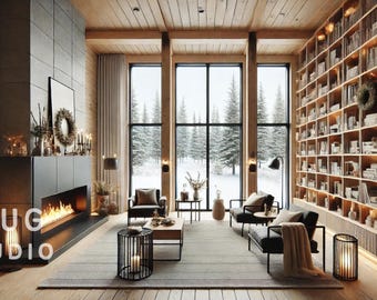 Winter Cozy Holiday Hygge Office W/ Bookshelf Teams Background Zoom ...