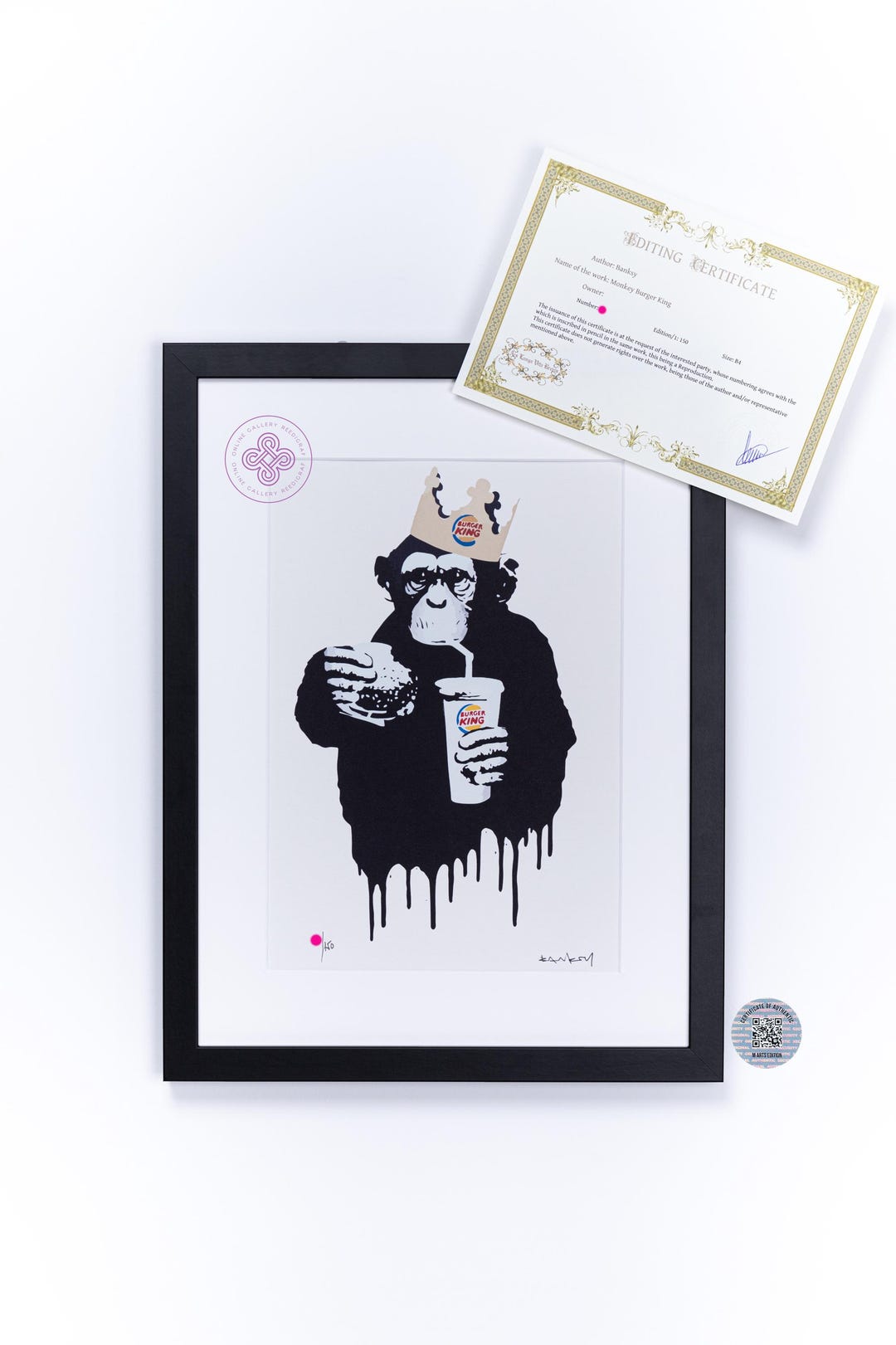 BANKSY Monkey Burger King Crown Serigraphie Banksy FRAMED CERTIFICAT ...