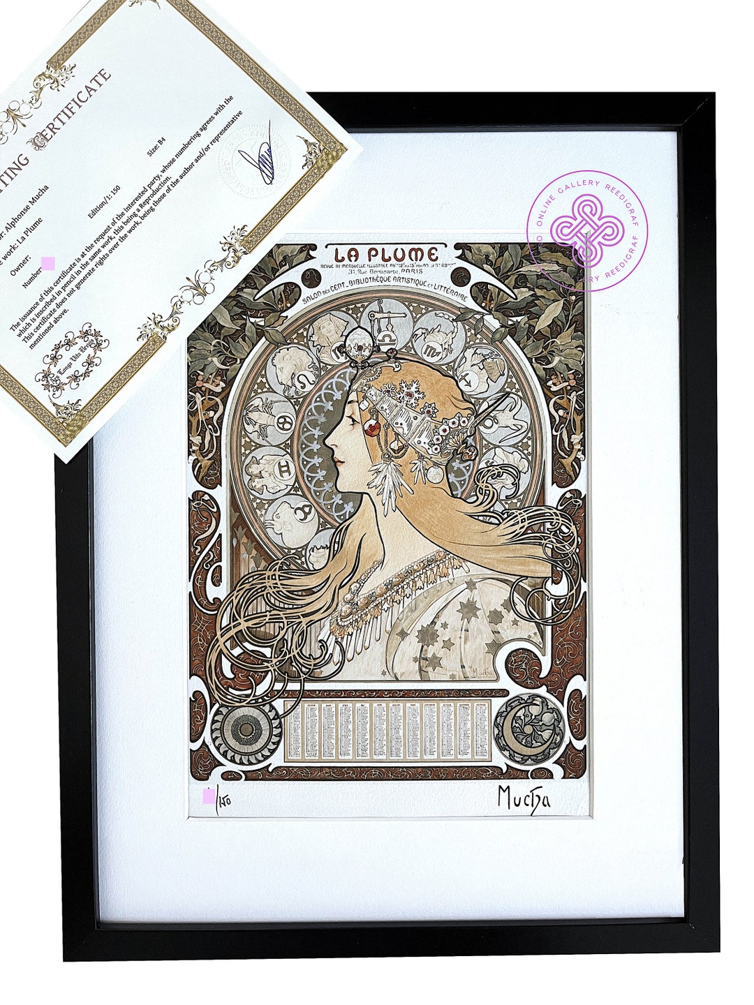 Alfonse MUCHA Silkscreen FRAMED La Plume CERTIFICATE Alphonse Mucha ...