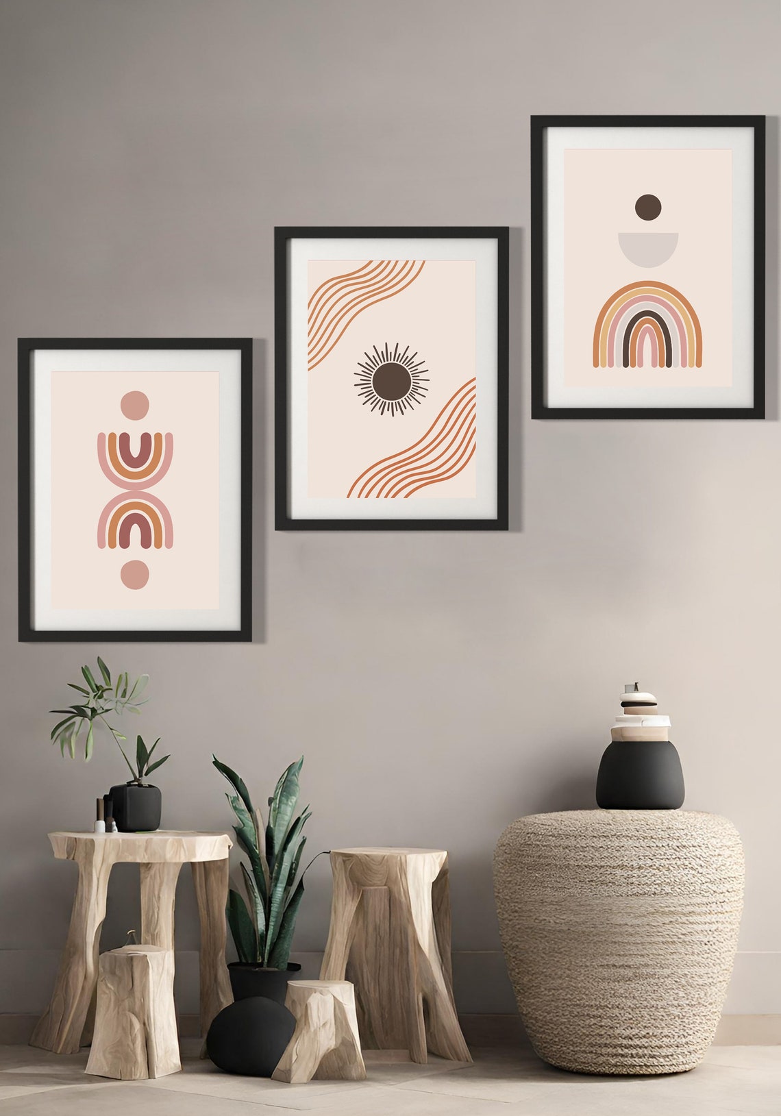 Boho Gallery Wall Art Set of 3, Mid Century Modern Prints, Bohemian ...