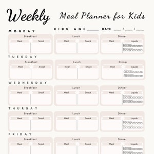 Weekly Meal Planner for Kids Printable With Milk and Water Tracking ...