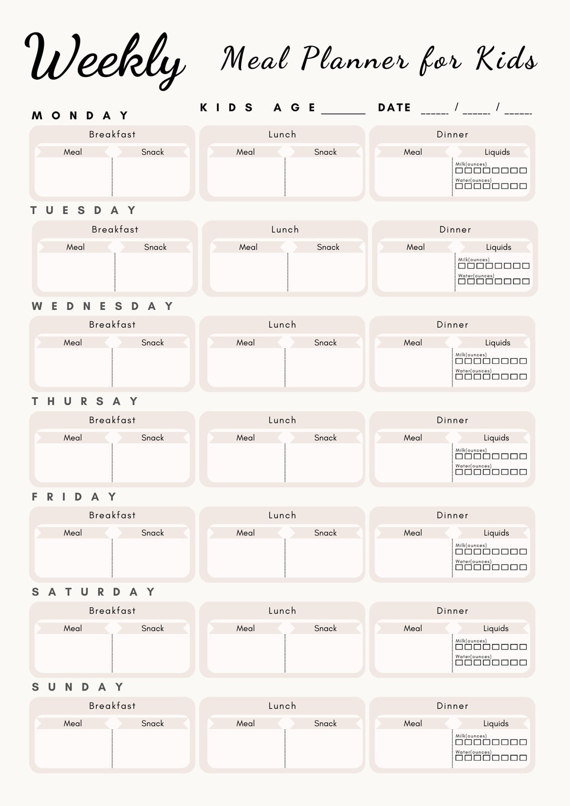 Weekly Meal Planner for Kids Printable With Milk and Water Tracking ...