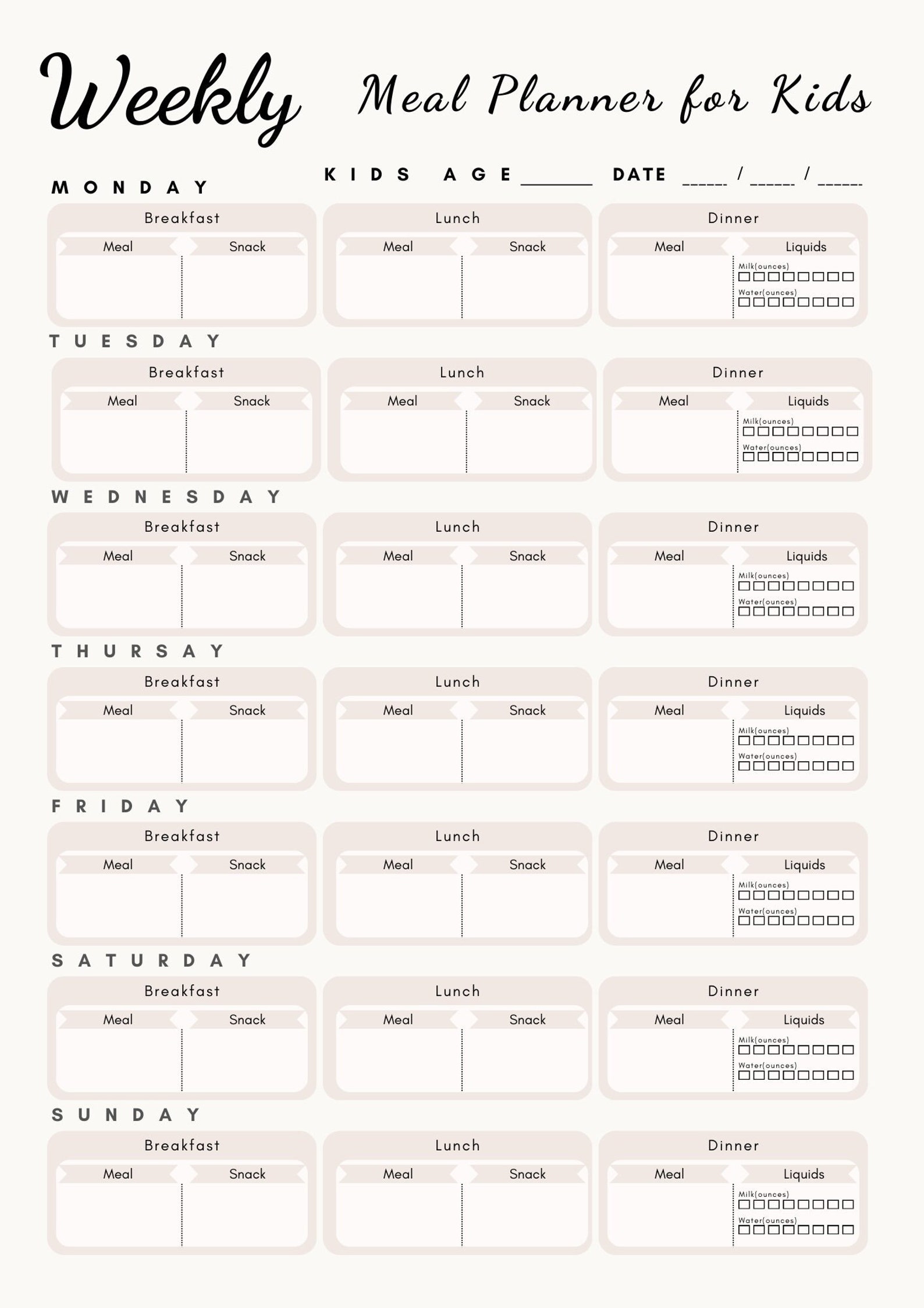 Weekly Meal Planner for Kids Printable With Milk and Water Tracking ...