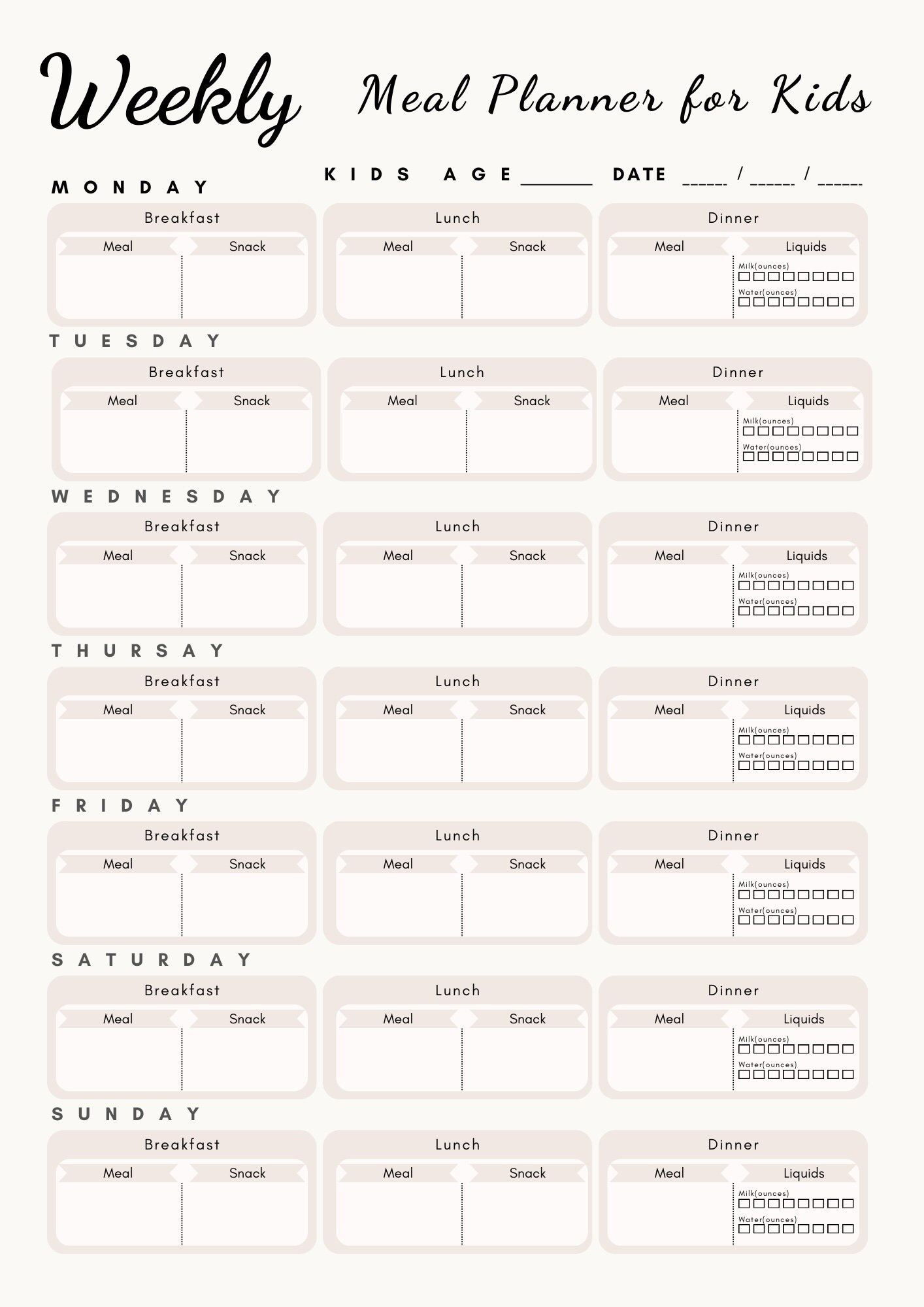 Weekly Meal Planner for Kids Printable With Milk and Water Tracking ...