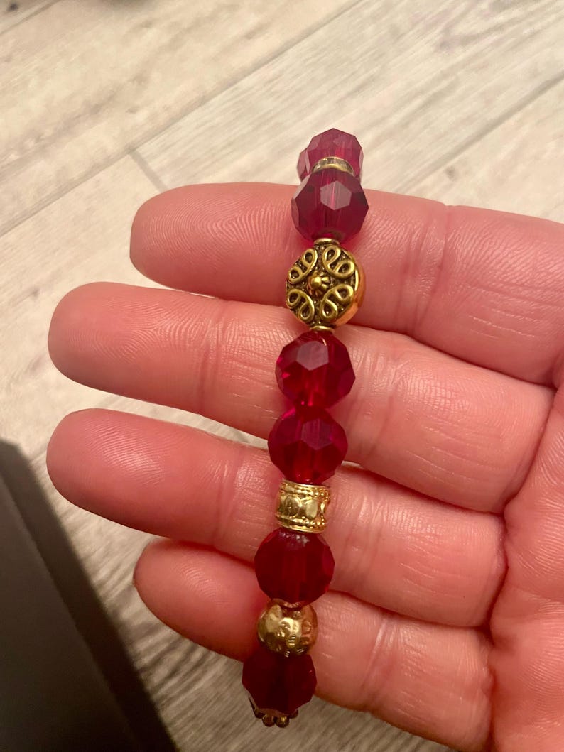 Red Crystal Bracelet With Gold Details, Stretch Bracelet, Handmade ...