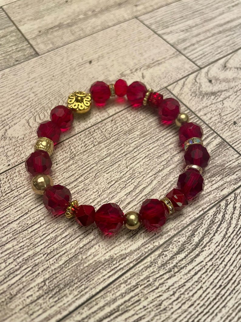 Red Crystal Bracelet With Gold Details, Stretch Bracelet, Handmade ...