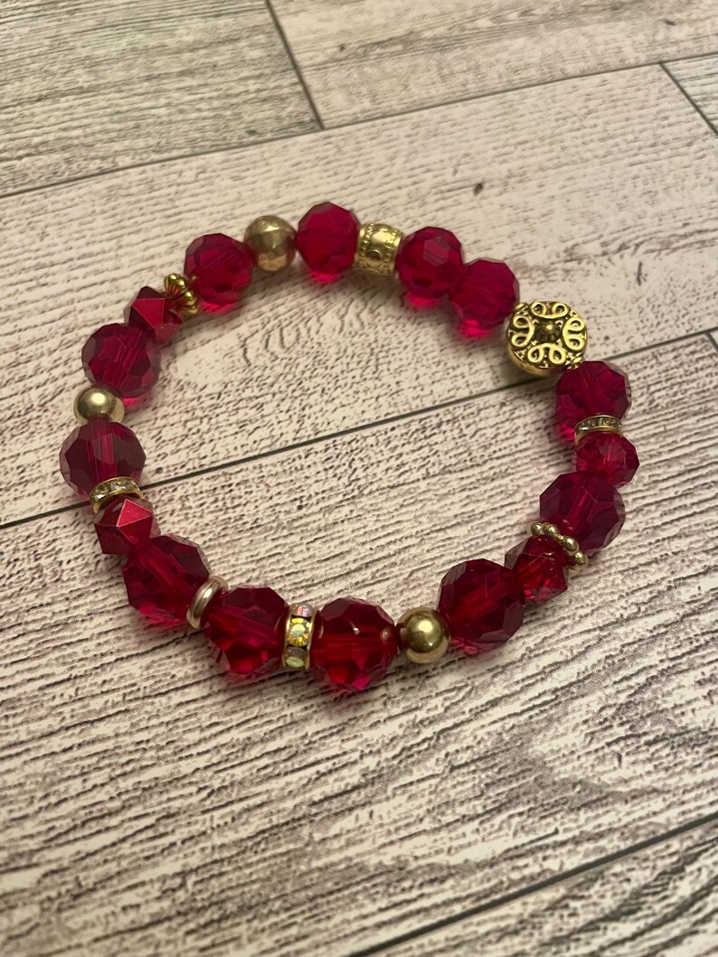 Red Crystal Bracelet With Gold Details, Stretch Bracelet, Handmade ...