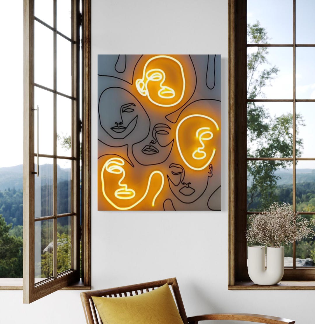 Neon Line Art Faces as a Modern LED Wall Art, Abstract Face Neon Sign ...