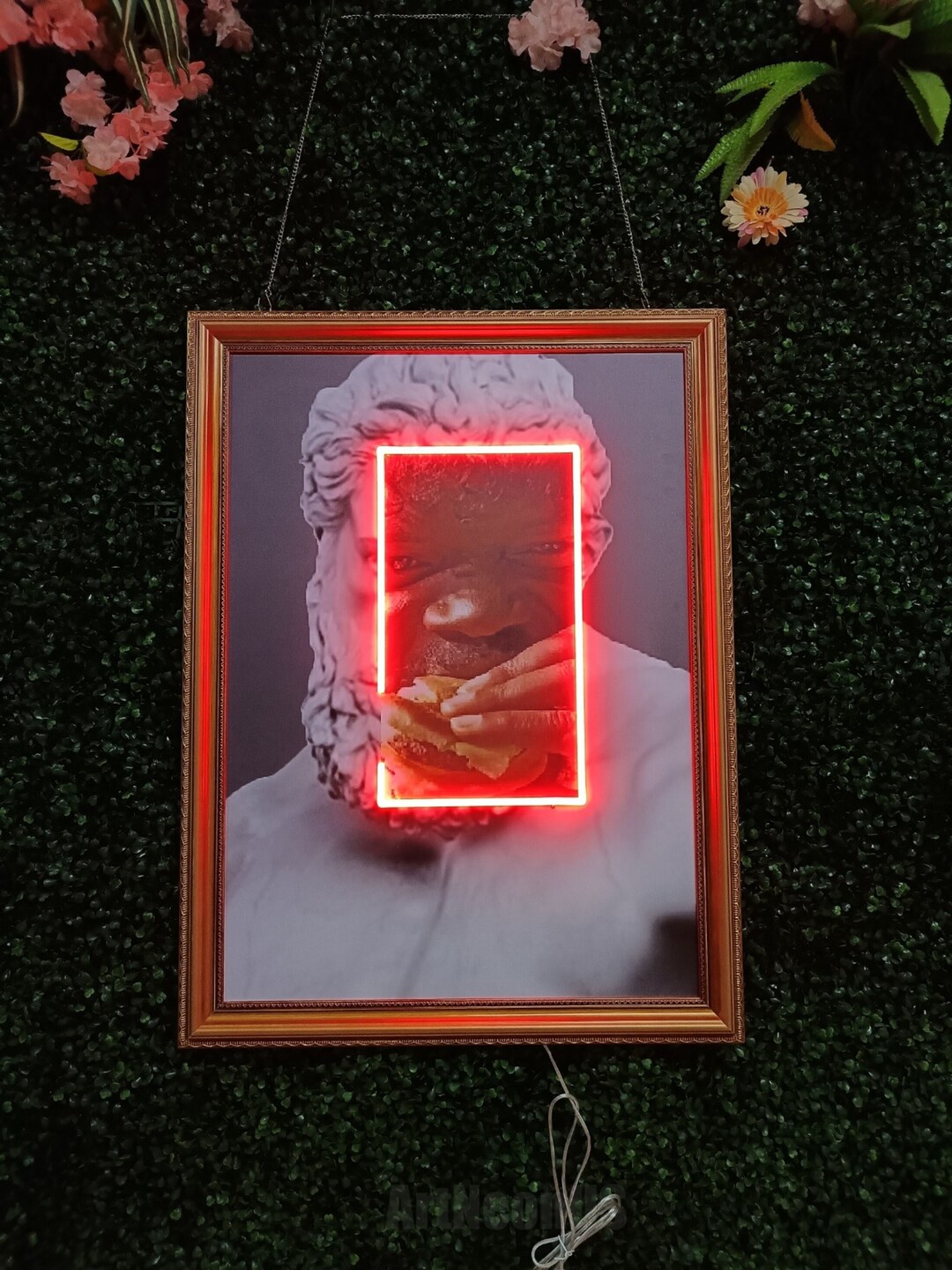 Pop Culture Neon Art Greek Statue Eating Burger, Retro Neon Poster for ...